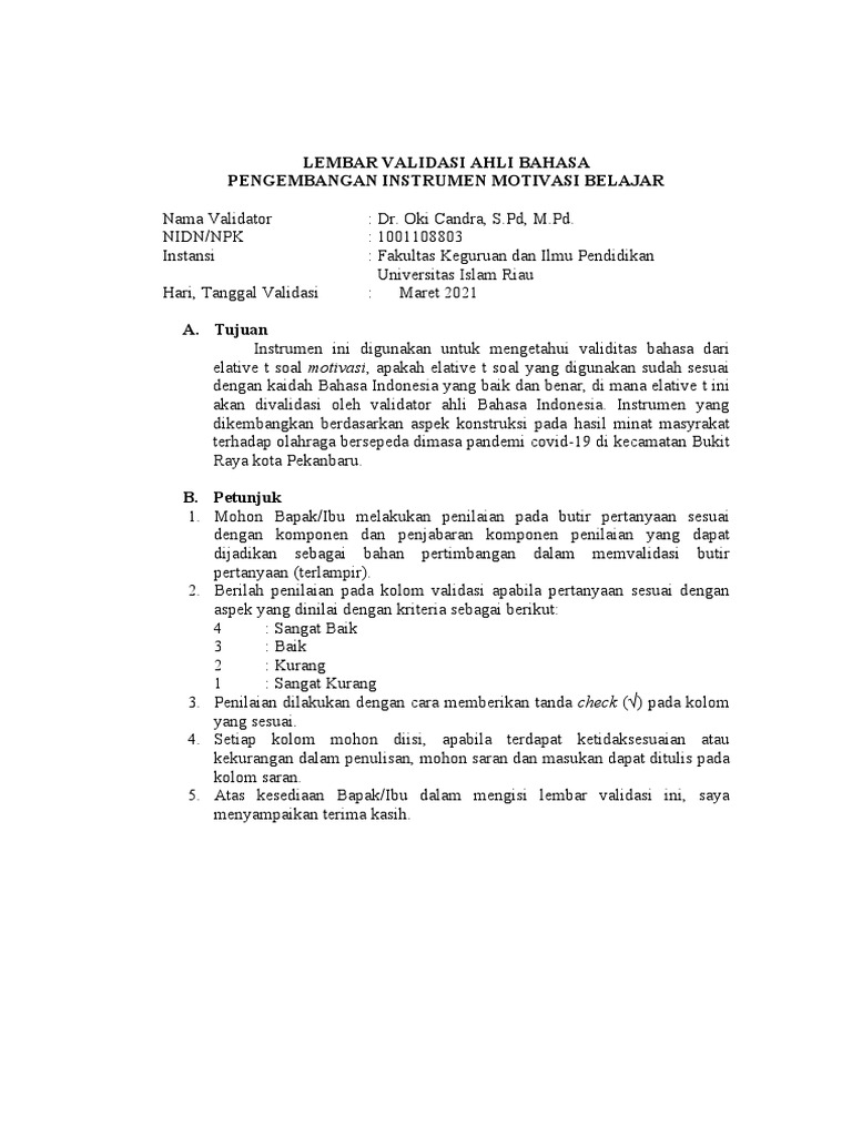 Lembar Validasi Ahli Bahasa Ok-1 | PDF