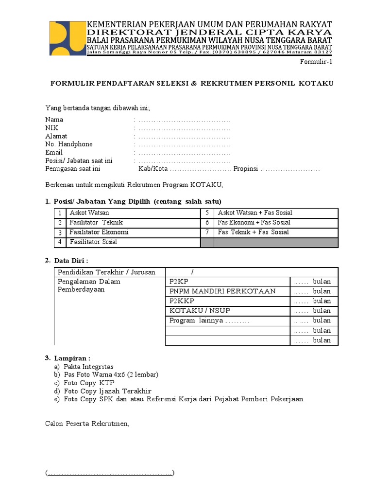 Form Pendaftaran Rekrutmen Personil KOTAKU | PDF