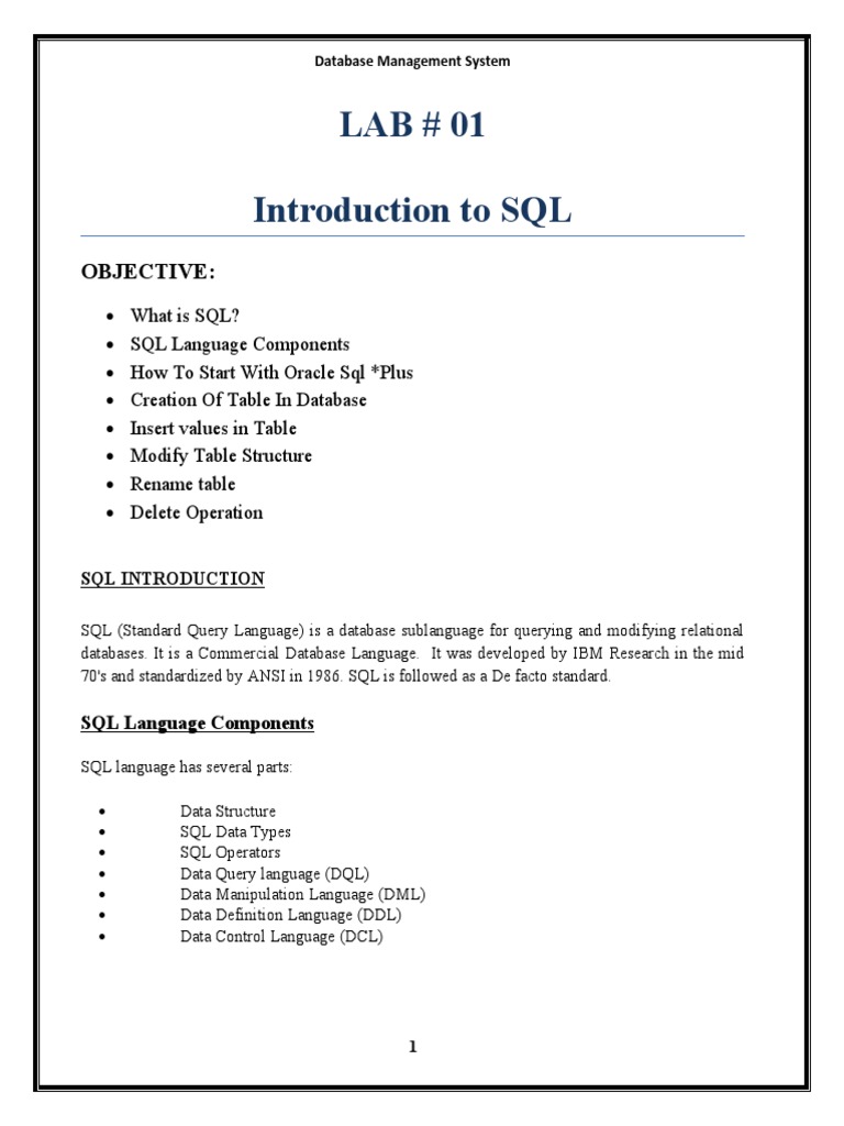 LAB # 01 Introduction To SQL: Objective | PDF | Sql | Relational Database