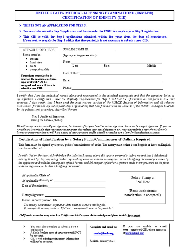 USMLE Step 3 Certification of Identity Form | PDF | Notary Public ...