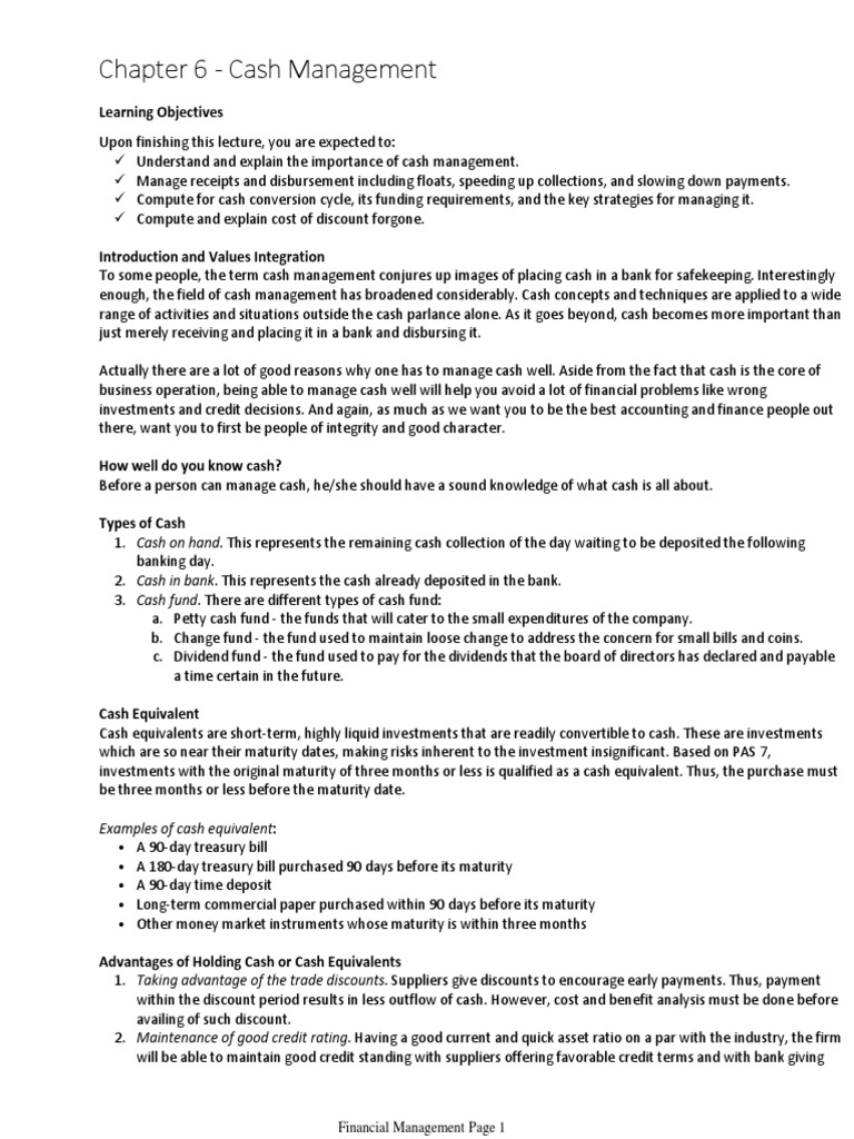 Chapter 6 - Cash Management: Learning Objectives | PDF | Float (Money ...