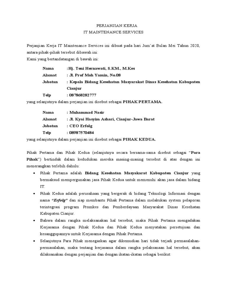 Perjanjian Kerja Sama (MOU) Vendor IT Dengan Promkes Dinkes | PDF