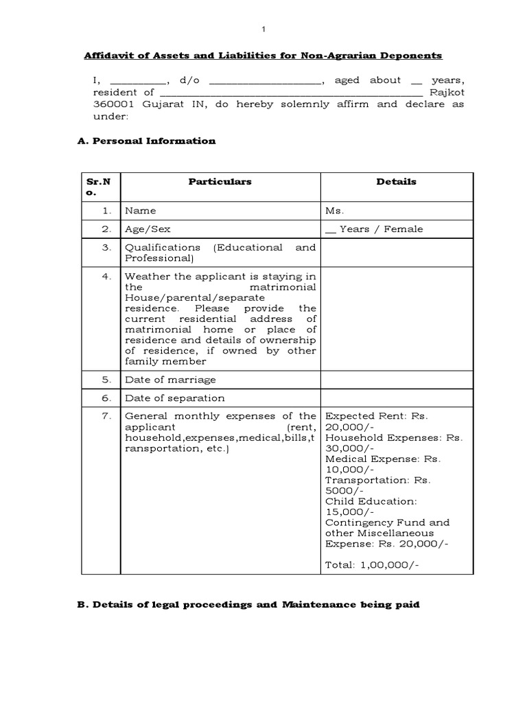 Affidavit of Assets and Liabilities For Non-Agrarian Deponents | PDF ...