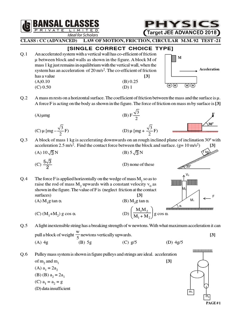 Test-21 Law of Motion Fricton Circular E WA | PDF | Friction | Force