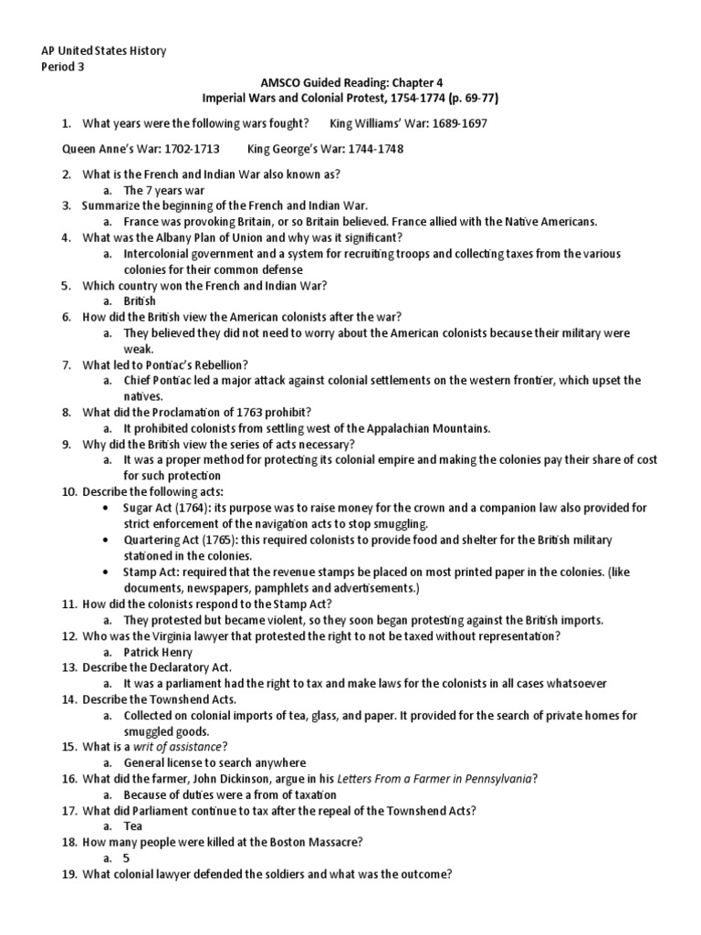 AMSCO Guided Reading: Chapter 4 Imperial Wars and Colonial Protest ...