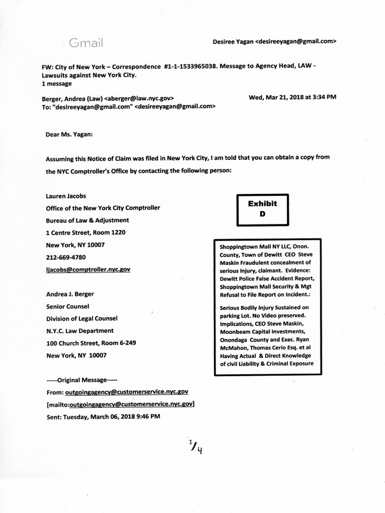 NYC Dept of Law Andrea Berger Esq. (Mar 21, 2018) To DYagan. Re FOIL ...