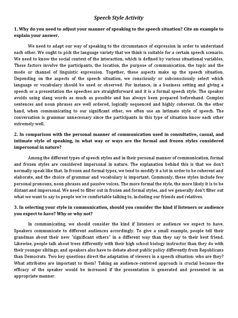 Speech Style Activity | Download Free PDF | Speech | Language Mechanics