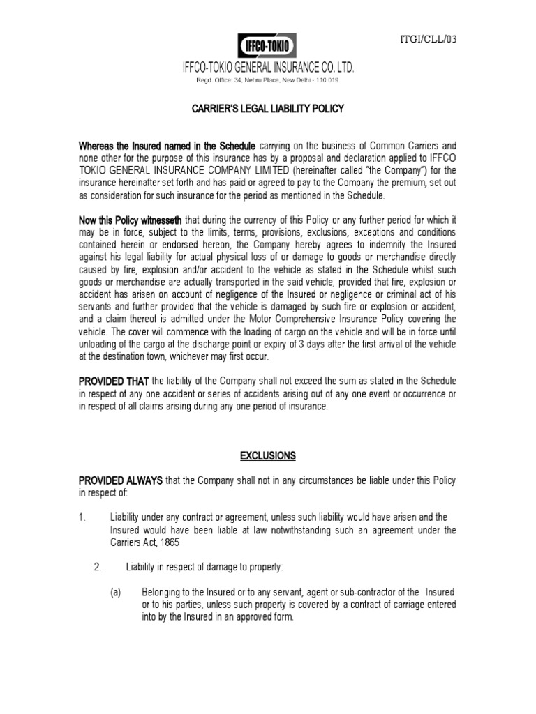 22.carrier Legal Liability - Policy Wording | Download Free PDF ...