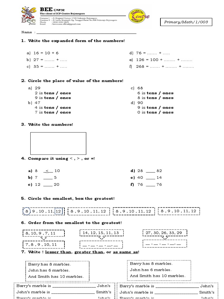Math - 01 - 3 - Place Value, Ordering, Compare | PDF