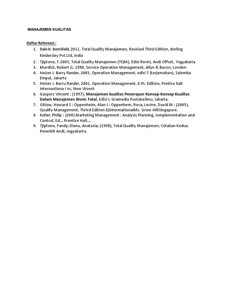 MANAJEMEN KUALITAS DAN REFERENSI | PDF