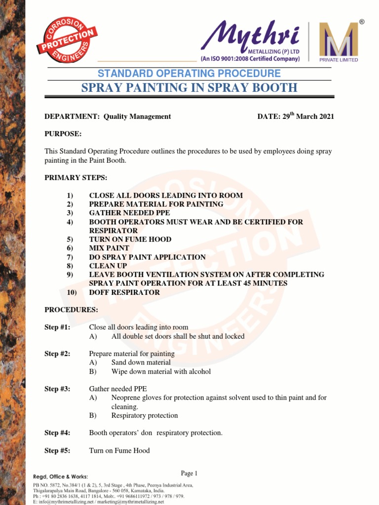 STANDARD OPERATING PROCEDURE Painting Booth | PDF | Personal Protective ...