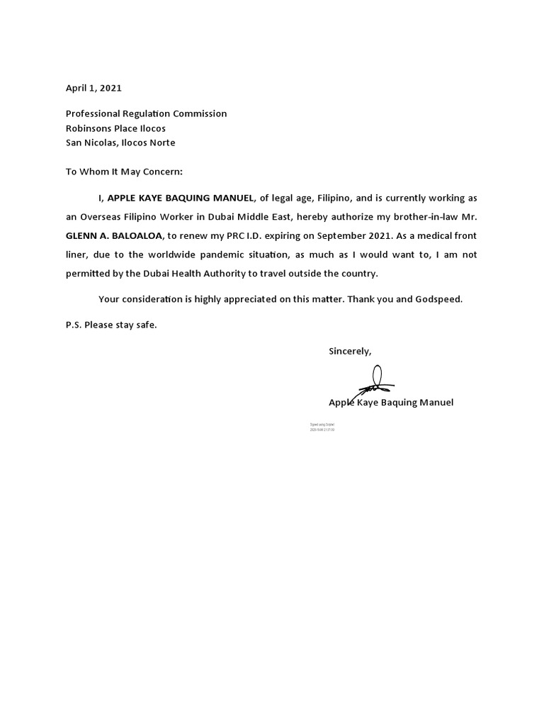 Authorization Letter PRC | PDF