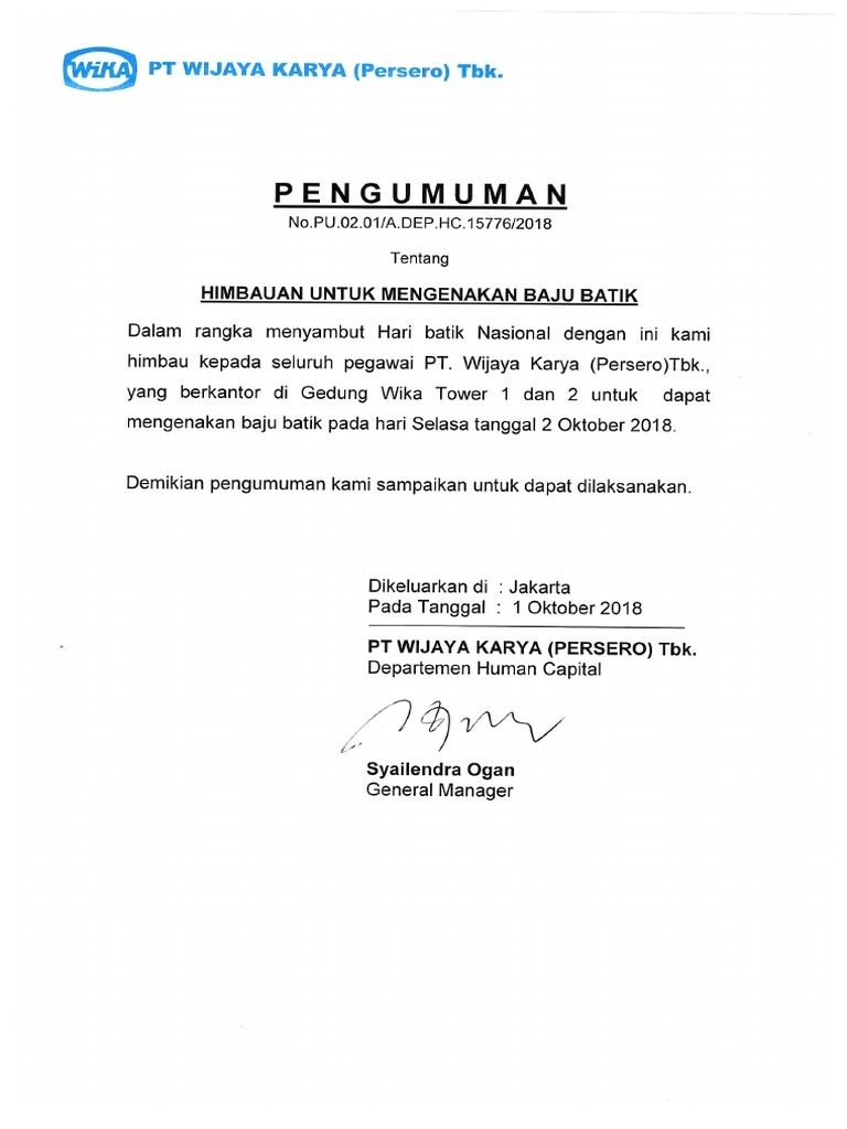 Pengumuman Untuk Mengenakan Baju Batik | PDF