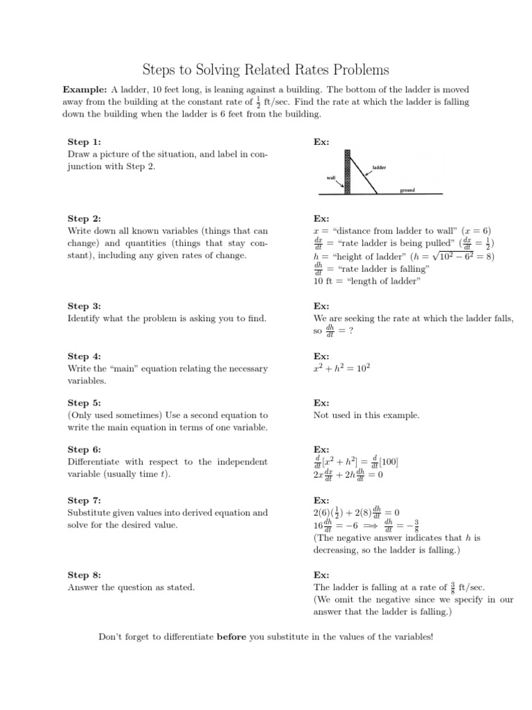 Steps To Solving Related Rates Problems | PDF | Ladder | Equations