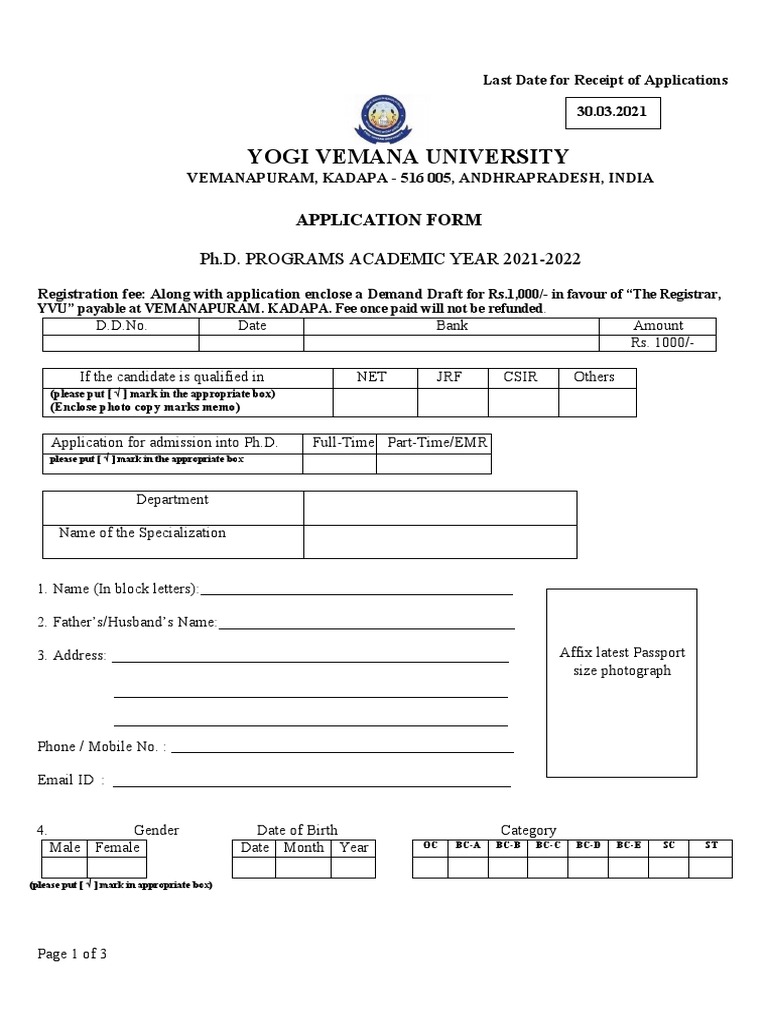 YVU Ph.D. Application Form 2021-22 | PDF | Doctor Of Philosophy | Doctorate