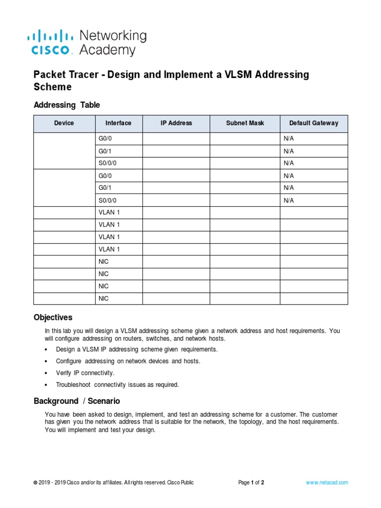Packet Tracer - Design and Implement A VLSM Addressing Scheme | PDF ...