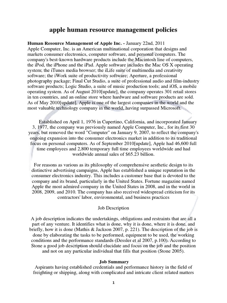 Human Resource Management of Apple Inc. - January 22nd, 2011 | PDF ...