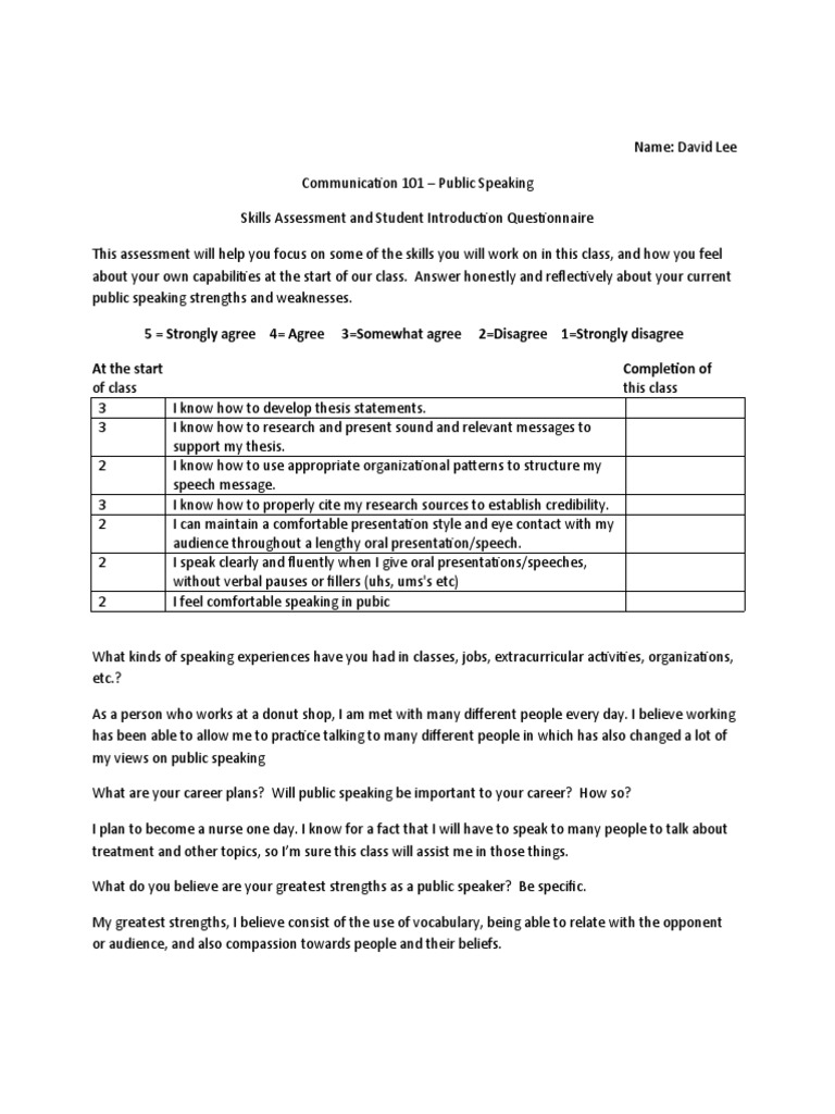 Skills Assessment and Speech Questionnarie | PDF | Public Speaking | Applied Psychology
