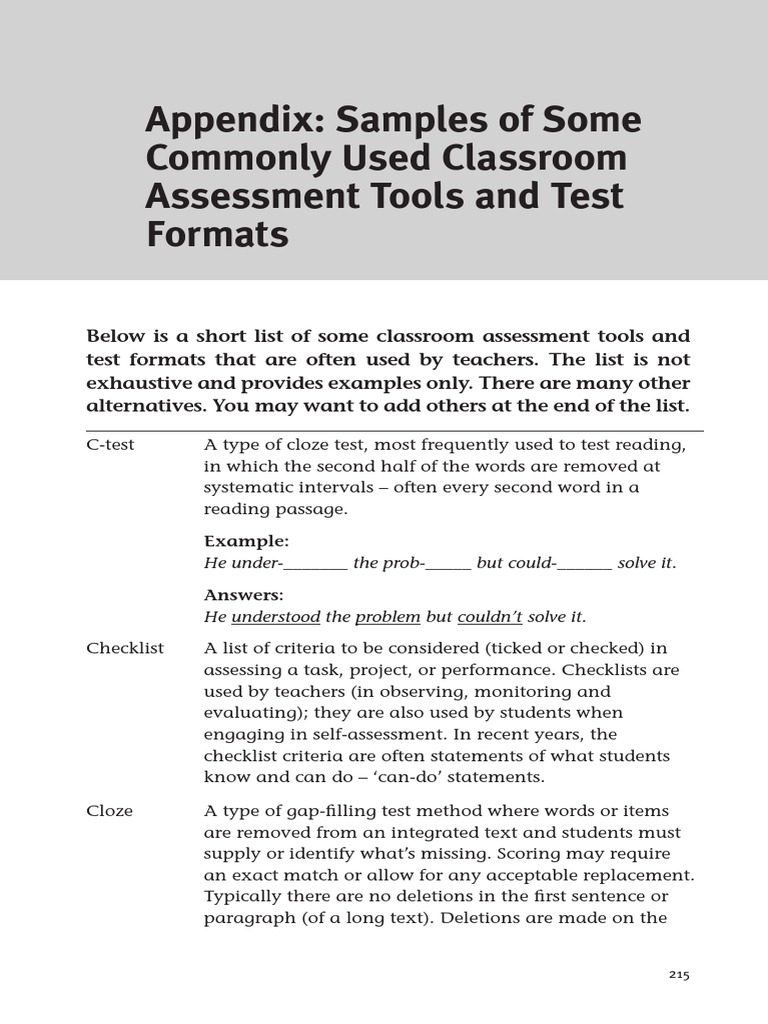 Appendix: Samples of Some Commonly Used Classroom Assessment Tools and ...