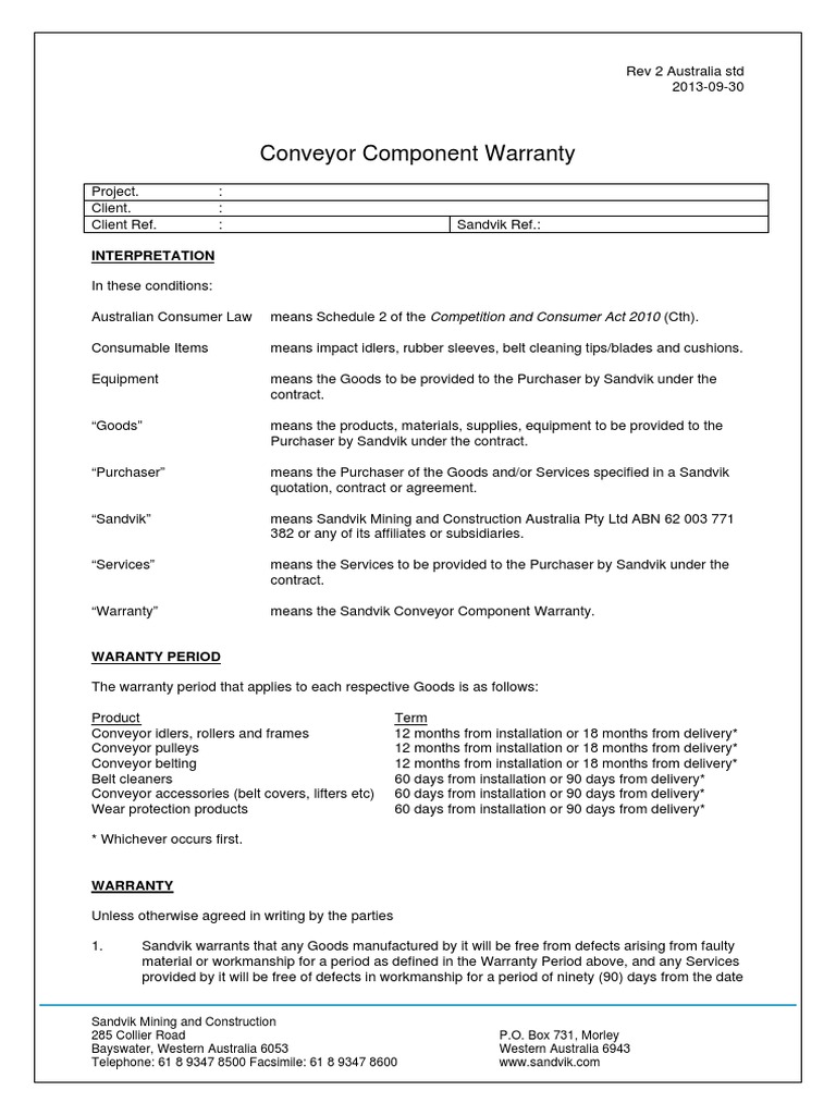 Sandvik Conveyor Components Warranty | PDF | Common Law | Private Law