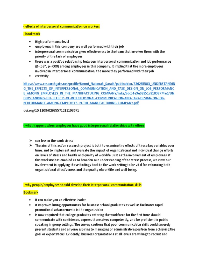 Effects of Interpersonal Communication On Workers | PDF | Occupational ...