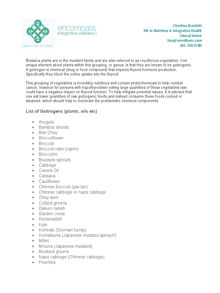 Goitrogenic List (Encompass) | PDF | Cabbage | Leaf Vegetable