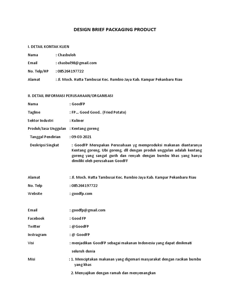 Template DESIGN BRIEF PACKAGING PRODUCT | PDF