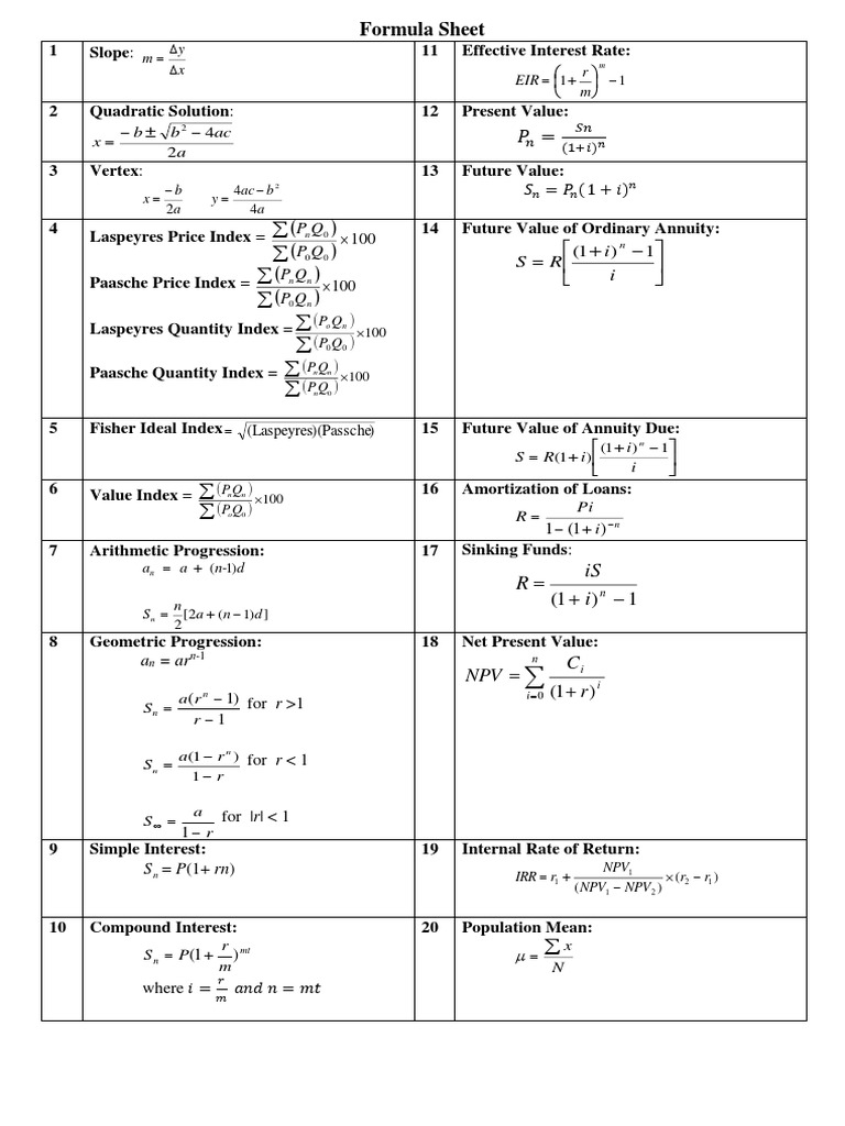 Formula Sheet QT1 | PDF | Coefficient Of Variation | Mean