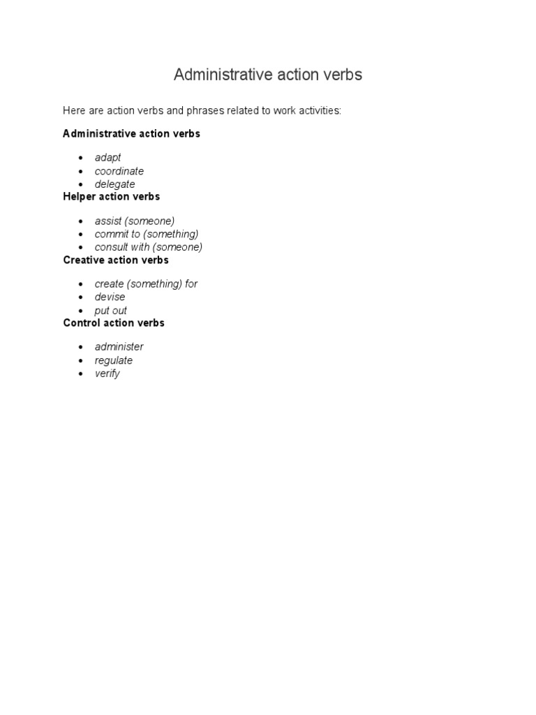 Administrative Action Verbs | PDF | Recruitment | Computing