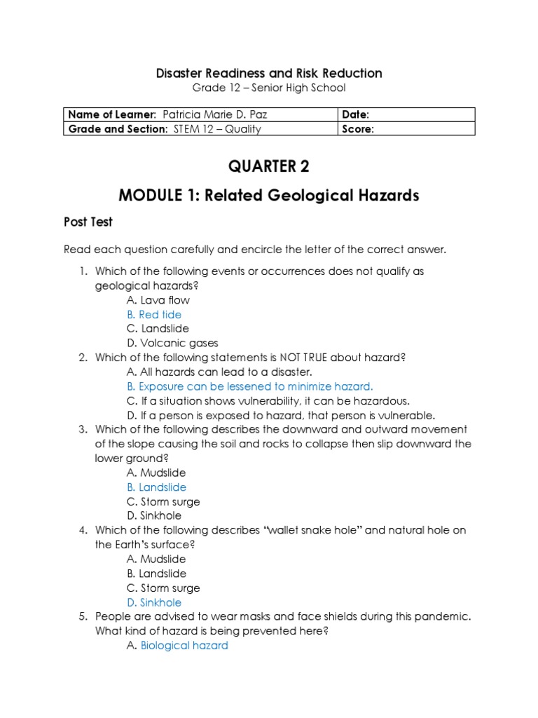 Quarter 2 MODULE 1: Related Geological Hazards: Disaster Readiness and ...
