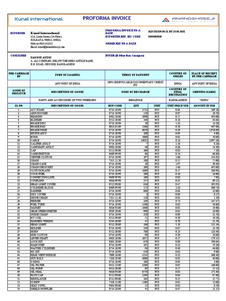 Proforma Invoice: Kunal International | PDF | Vehicle Technology ...