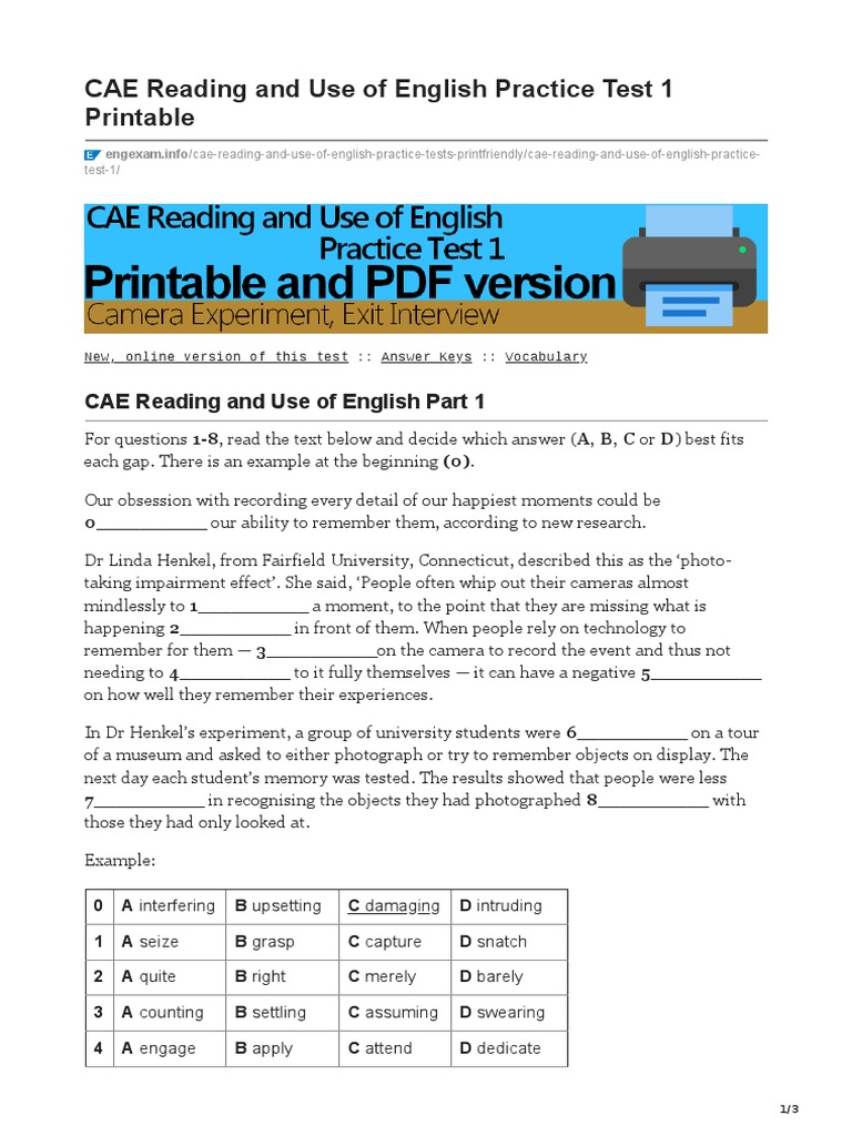 Engexam - info-CAE Reading and Use of English Practice Test 1 Printable ...