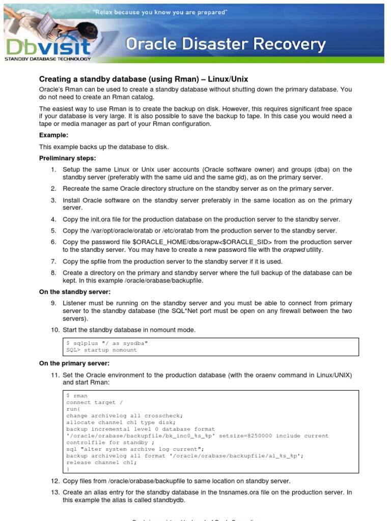 Creating A Standby Database (Using Rman) - Linux/Unix: Example | PDF