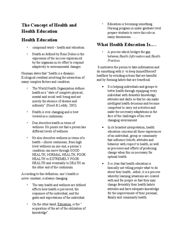 Lesson1 HANDOUT ON THE CONCEPT OF HEALTH AND HEALTH EDUCATION | PDF ...