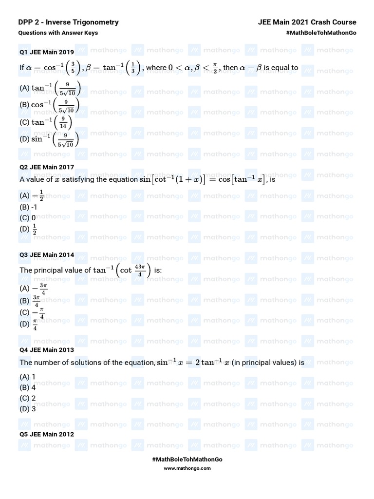 Inverse Trigonometry Worksheet Answers | PDF | Sine | Trigonometric ...
