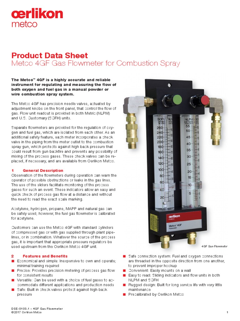 Product Data Sheet Metco 4GF Gas Flowmeter For Combustion Spray | PDF ...