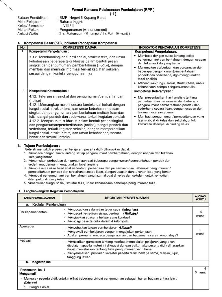 Contoh RPP K13 Baru | PDF | Karier & Perkembangan | Seni & Disiplin Bahasa