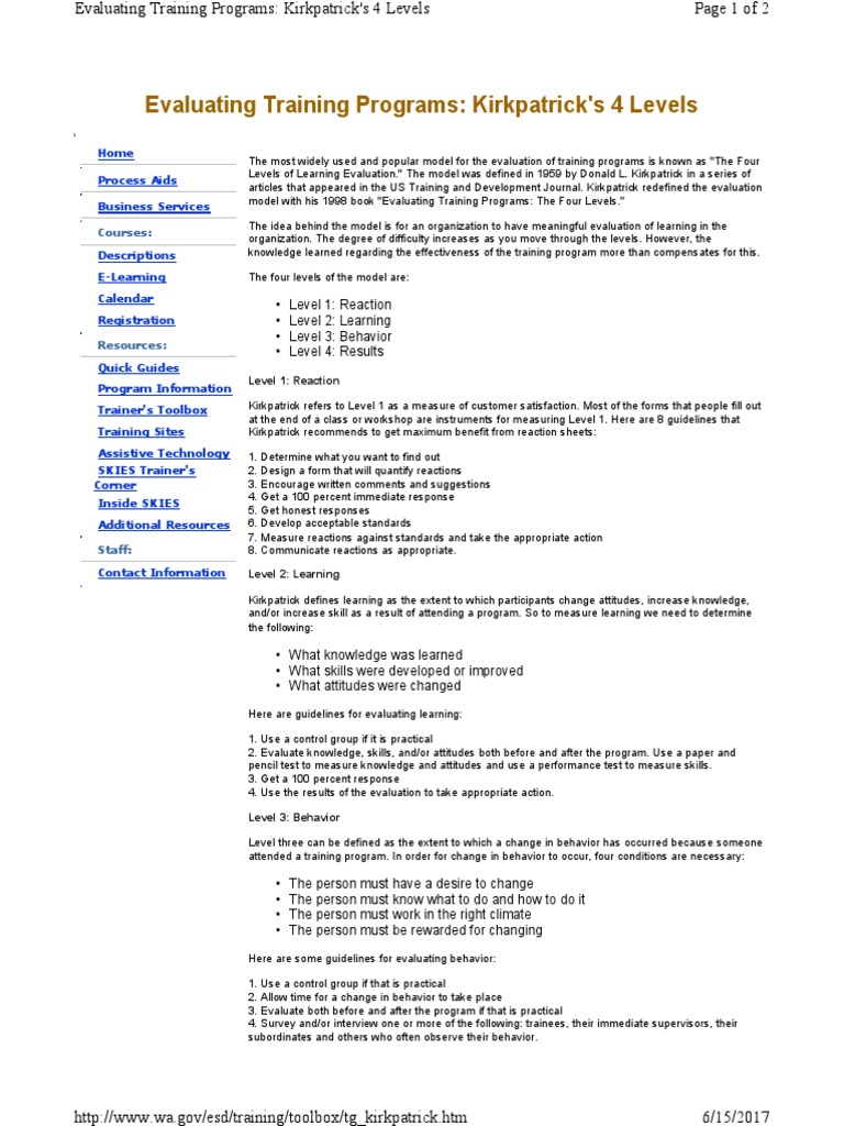 Evaluating Training Programs: Kirkpatrick's 4 Levels: Home Process Aids ...
