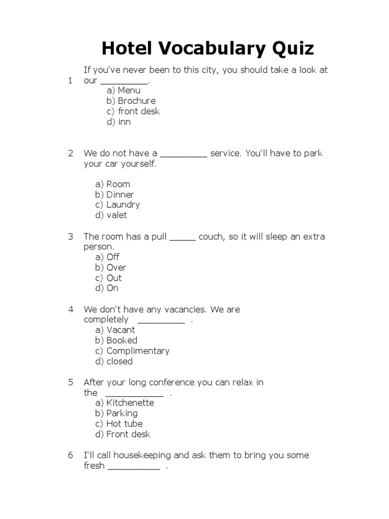 Hotel Vocabulary Quiz | PDF