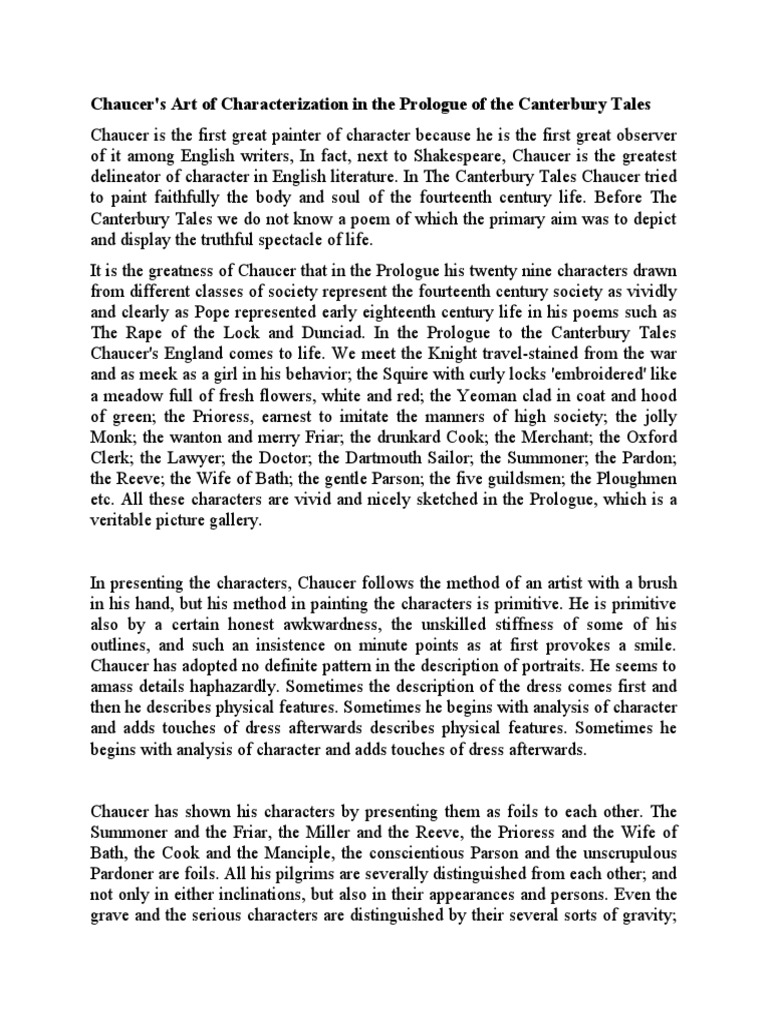 Chaucer's Art of Characterization in The Prologue of The Canterbury ...