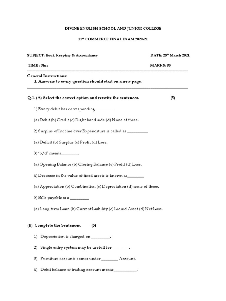 11th BK Final Exam Quesiton Paper March 2021 | PDF | Debits And Credits ...