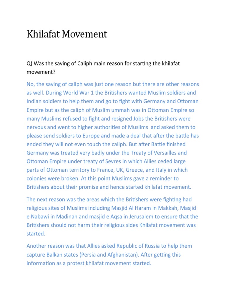 Khilafat Movement: Q) Was The Saving of Caliph Main Reason For Starting ...