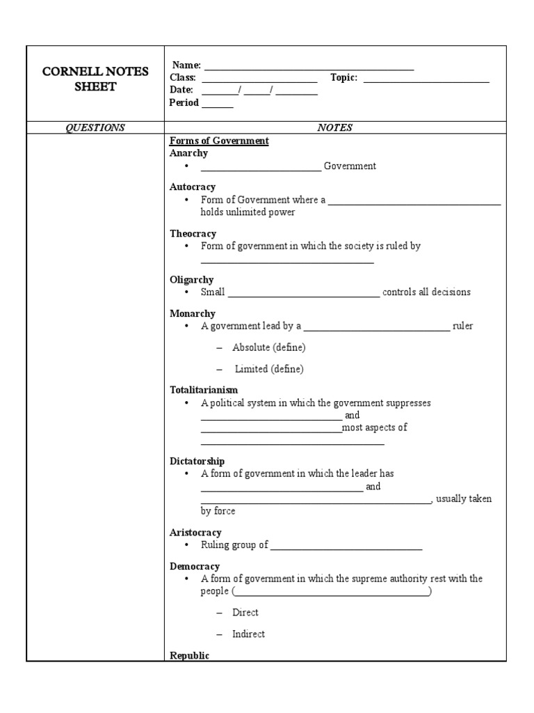 Forms of Government Notes - Cornell Style | Download Free PDF ...