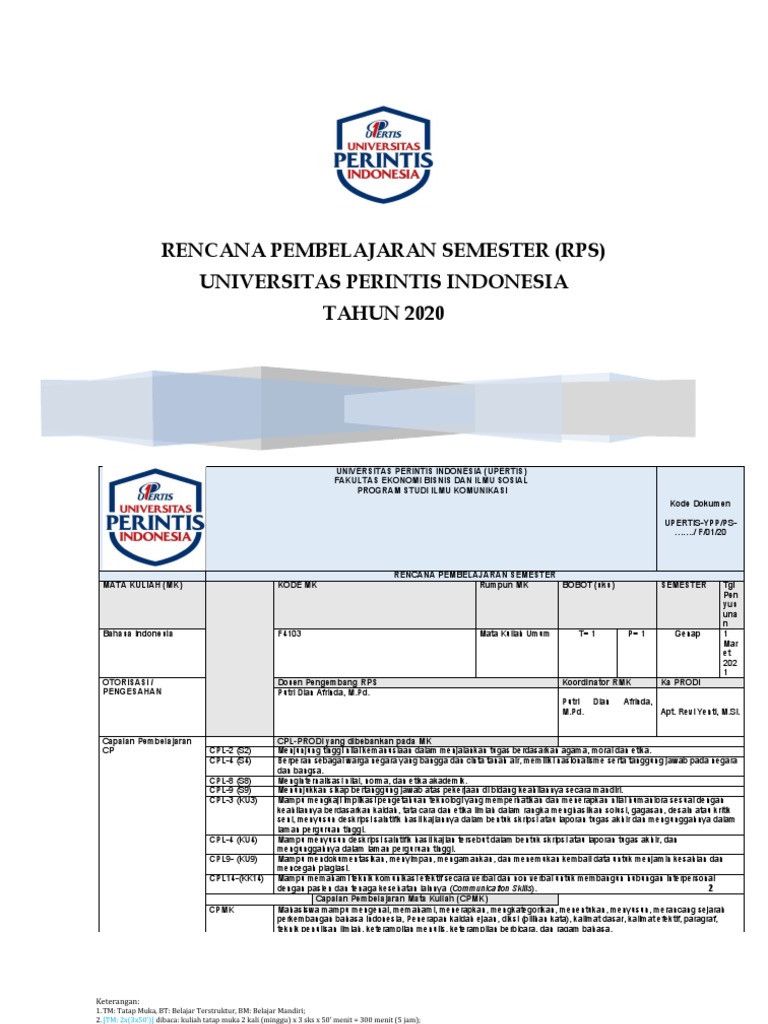 RPS Mata Kuliah Bahasa Indonesia | PDF