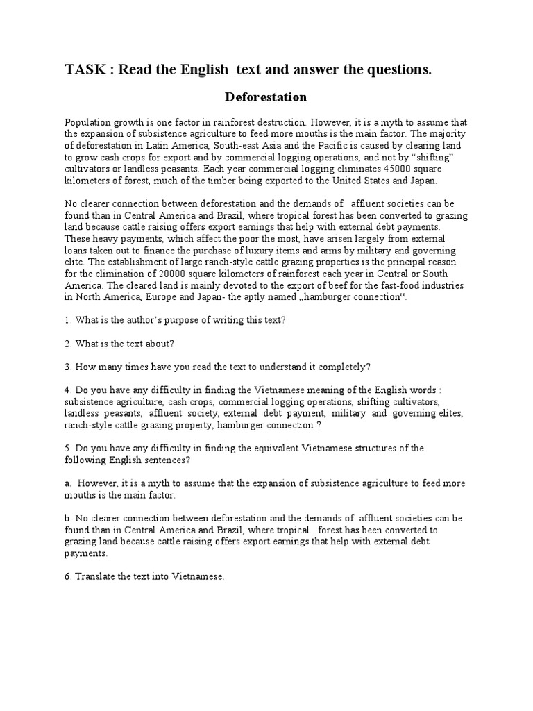 TASK: Read The English Text and Answer The Questions.: Deforestation ...