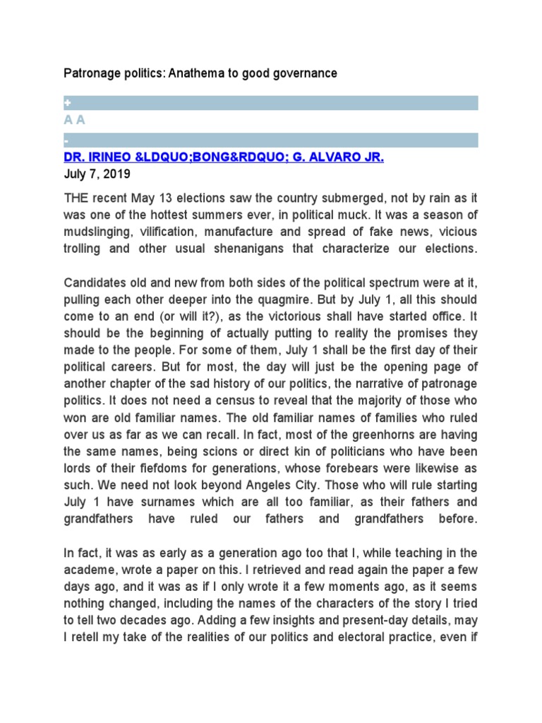 Patronage Politics: Anathema To Good Governance: Dr. Irineo &ldquo Bong ...