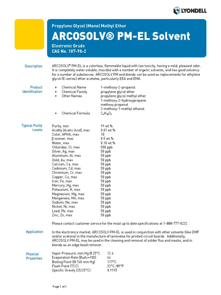 ARCOSOLV® PM-EL Solvent: Propylene Glycol (Mono) Methyl Ether | PDF ...