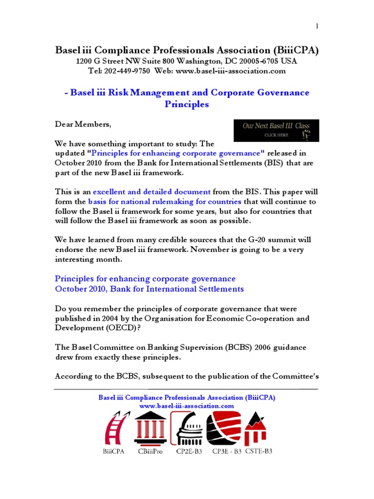 Basel III Corporate Governance Principles | PDF