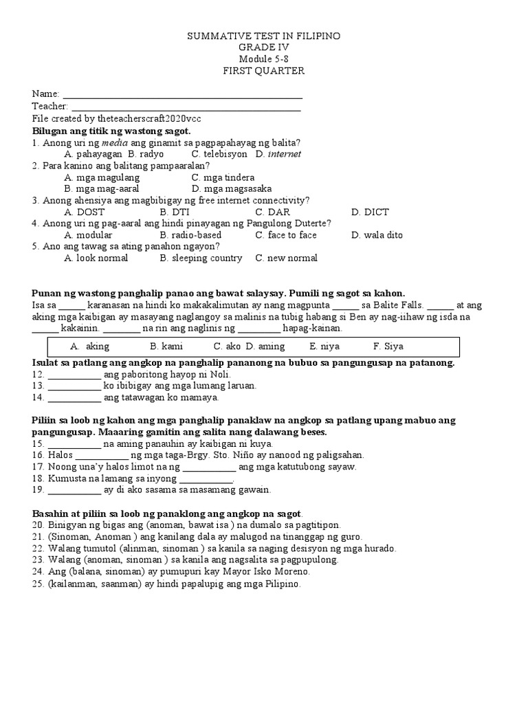 Summative Test in Filipino | PDF