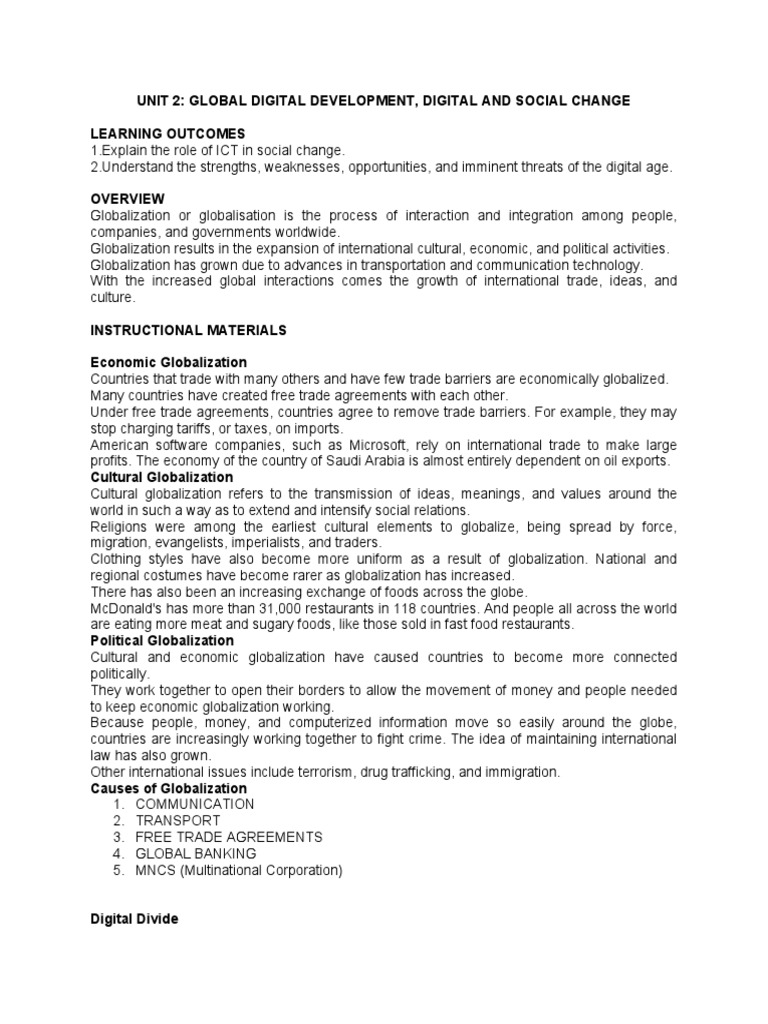 Unit 2 Global Digital Devt, Digital & Social Change | PDF | Mobile App | Globalization